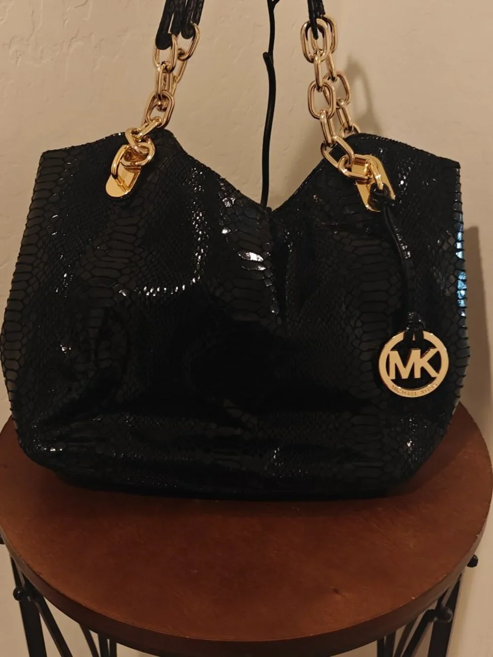 Michael Kors | Bags | Michael Kors Black Snakeskin Patent Leather Gold ...